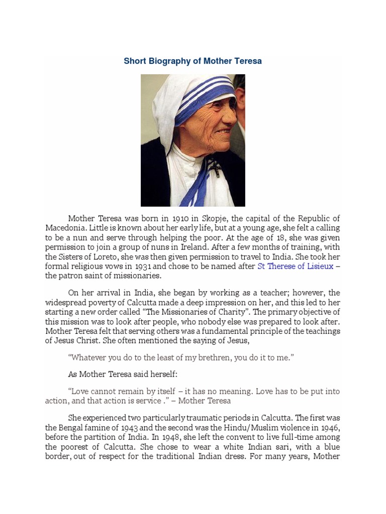 Short Biography of Mother Teresa | PDF | Mother Teresa | Catholic Church