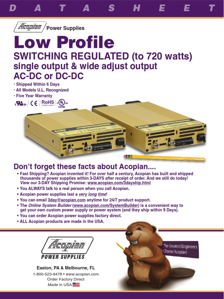 Acopian Cat Low Prof SW WL7 WL9 | PDF | Power Supply | Amplifier