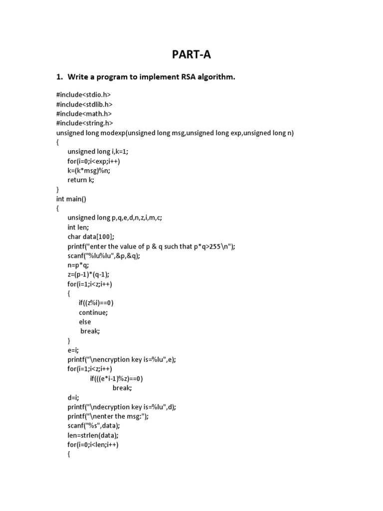 Part-A: 1. Write A Program To Implement RSA Algorithm | PDF | Computer Architecture | Internet ...