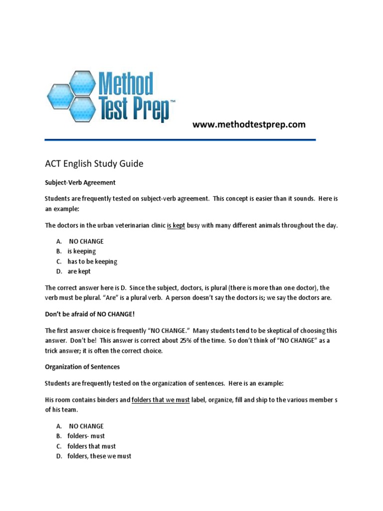 ACT English Study Guide: Subject-Verb Agreement | PDF | Pronoun | Plural