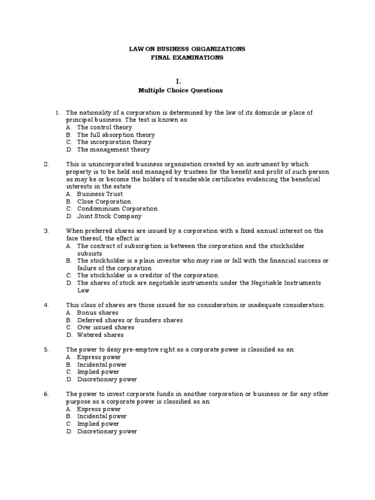 BussinessOrgLaw QuestionSheet | PDF | Corporations | Stocks