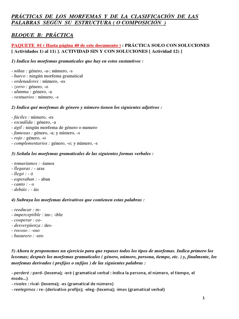 Ejercicios de Morfemas y Lexemas | PDF | Numero Gramatical | Género ...