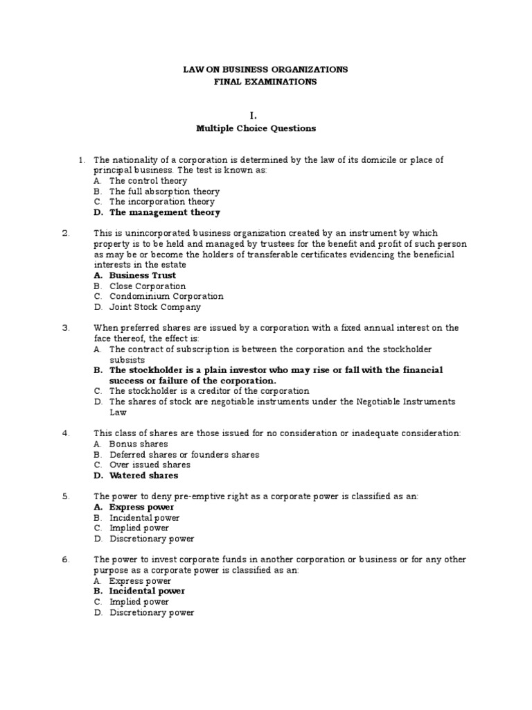 Business Organization Law Exam Guide | PDF | Corporations | Stocks