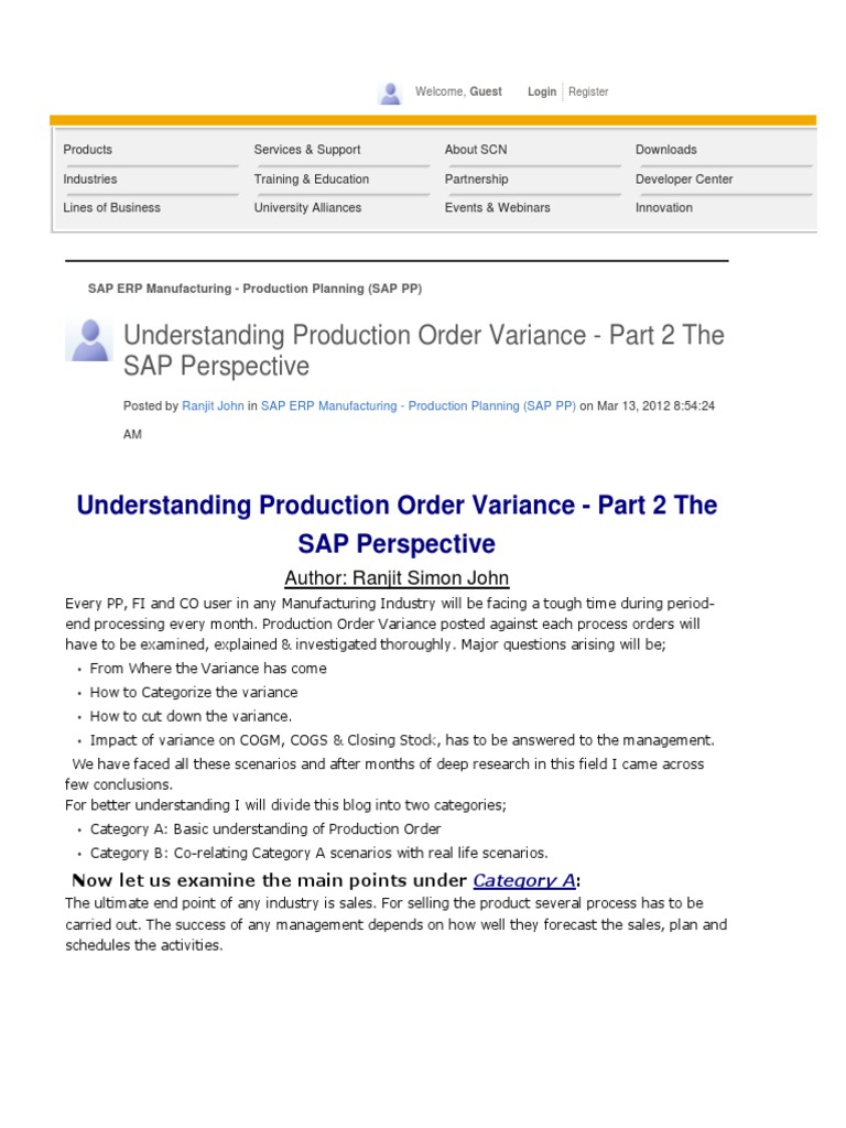 Understanding Production Order Variance - Part 2 The SAP Perspective ...