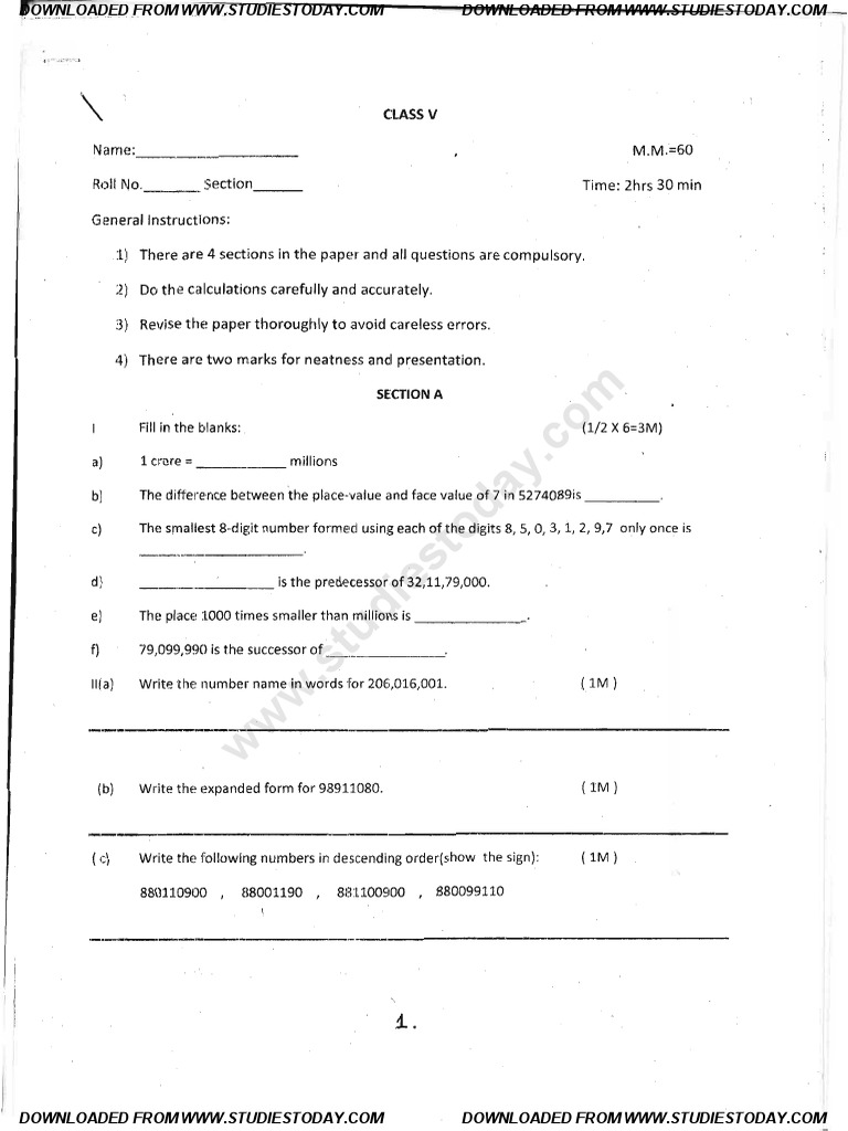 CBSE Class 5 Mathematics Sample Paper Set X | PDF | Elementary Geometry ...