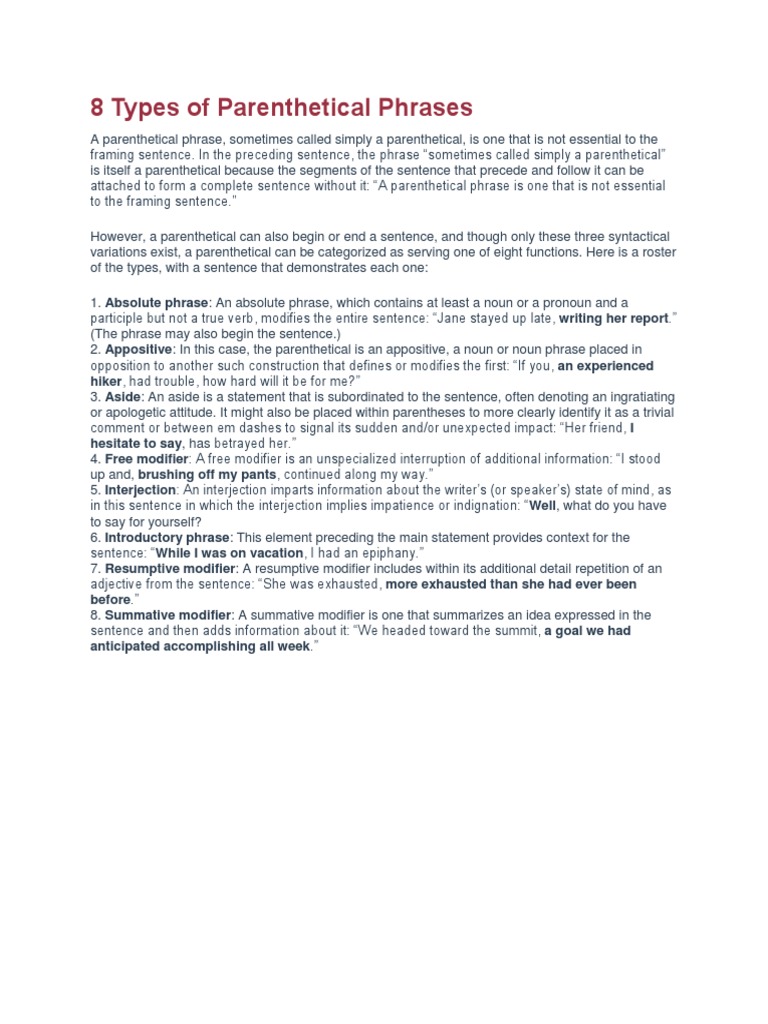 8 Types of Parenthetical Phrases | PDF | Language Arts & Discipline