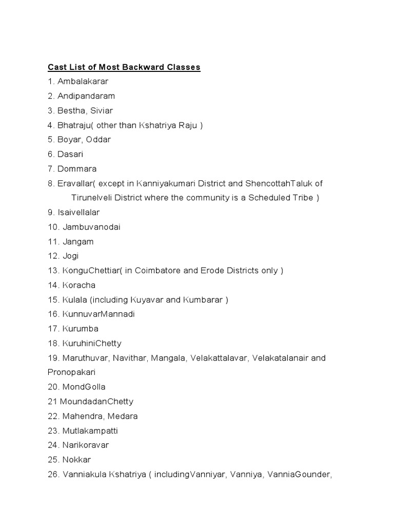 Caste List of MBC and DC of Tamilnadu State | PDF | Tamils | Social ...