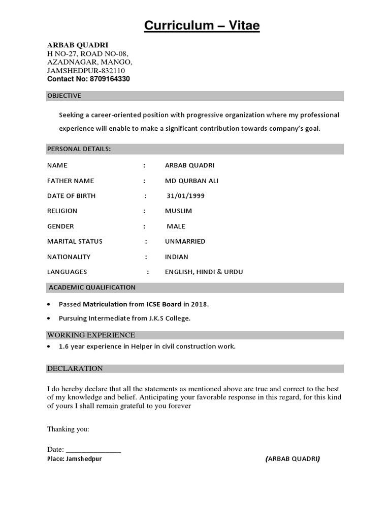 Curriculum - Vitae: Arbab Quadri | PDF
