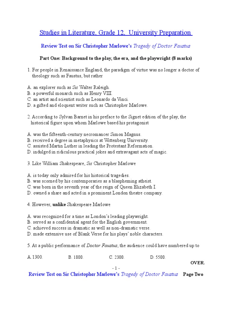 Doctor Faustus Test-1 | PDF | Christopher Marlowe | Irony
