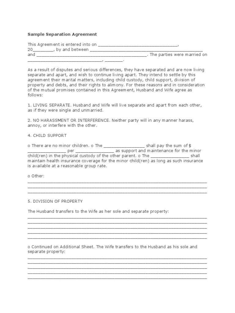 Sample Separation Agreement | PDF | Divorce | Alimony