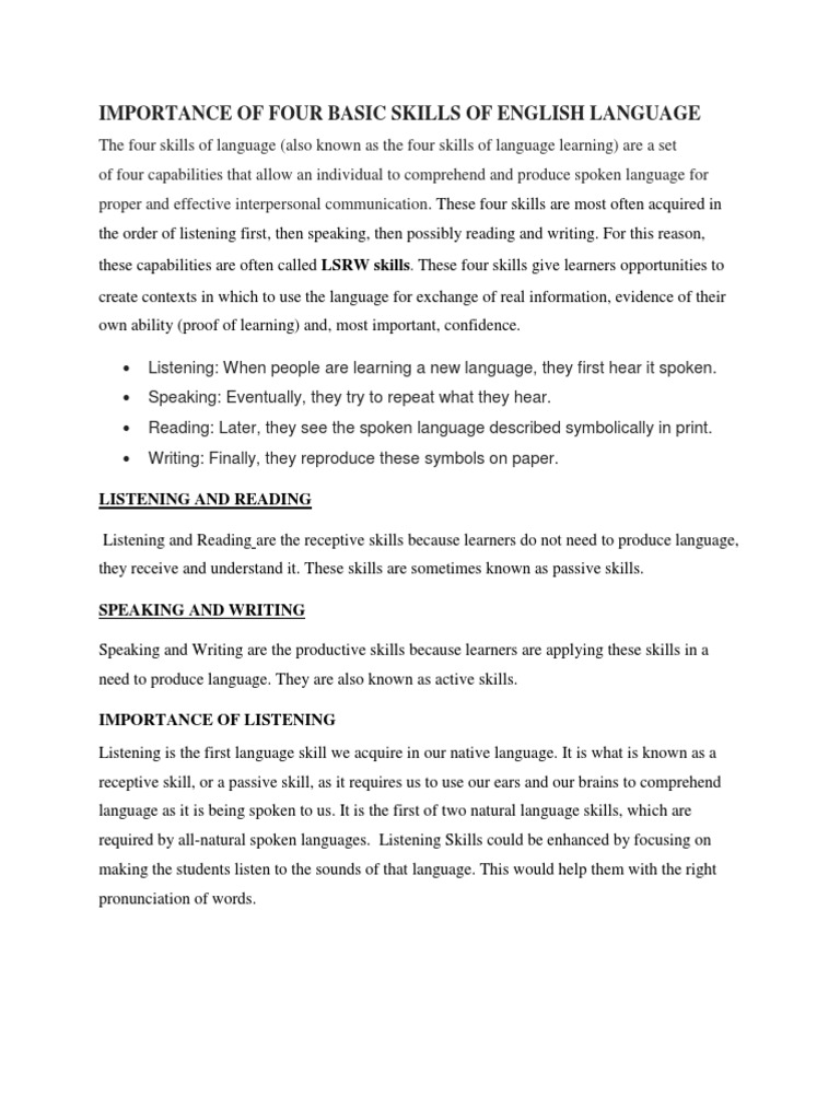 Importance of Four English Skills | PDF | Reading (Process) | Language ...