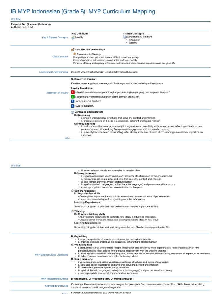 MYP Indonesian Grade 8 Curriculum Guide | PDF | Creativity | Inquiry