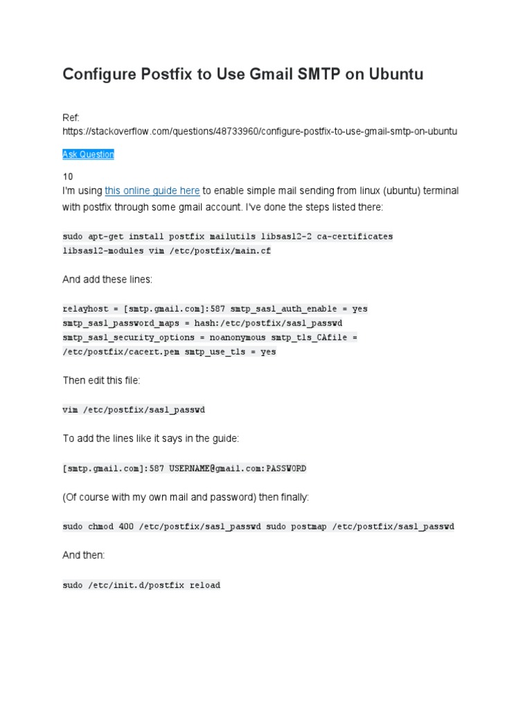 Configure Postfix To Use Gmail SMTP On Ubuntu | PDF | Sudo | Network Service