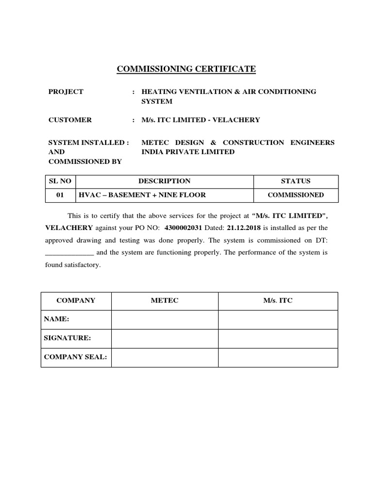 Commissioning Certificate | PDF