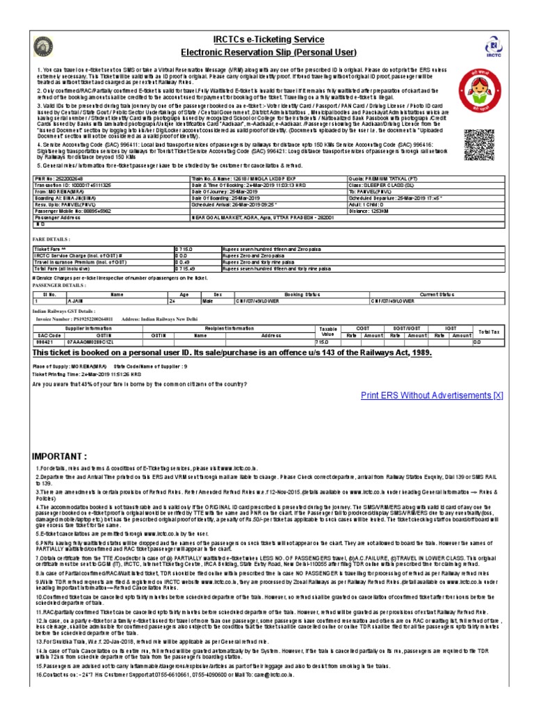 E-ticket details for travel from Morena to Panvel | PDF | Identity Document | Ticket (Admission)