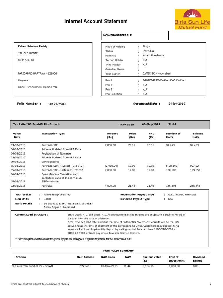Internet Account Statement: Folio Number: Statement Date | PDF ...