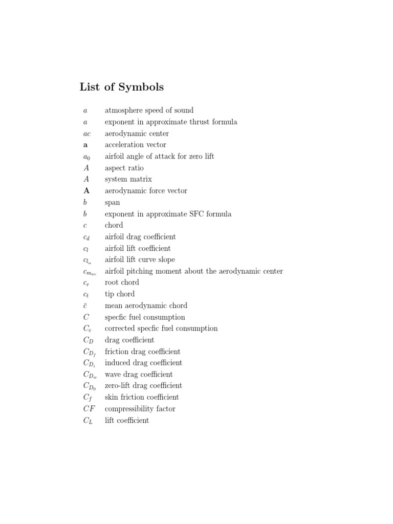 List of Symbols | PDF | Drag (Physics) | Lift (Force)