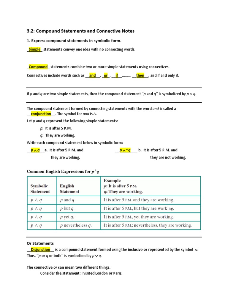 3.2: Compound Statements and Connective Notes | PDF | If And Only If ...