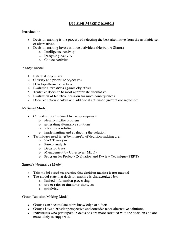 Decision Making Models | PDF | Neuropsychology | Decision Making
