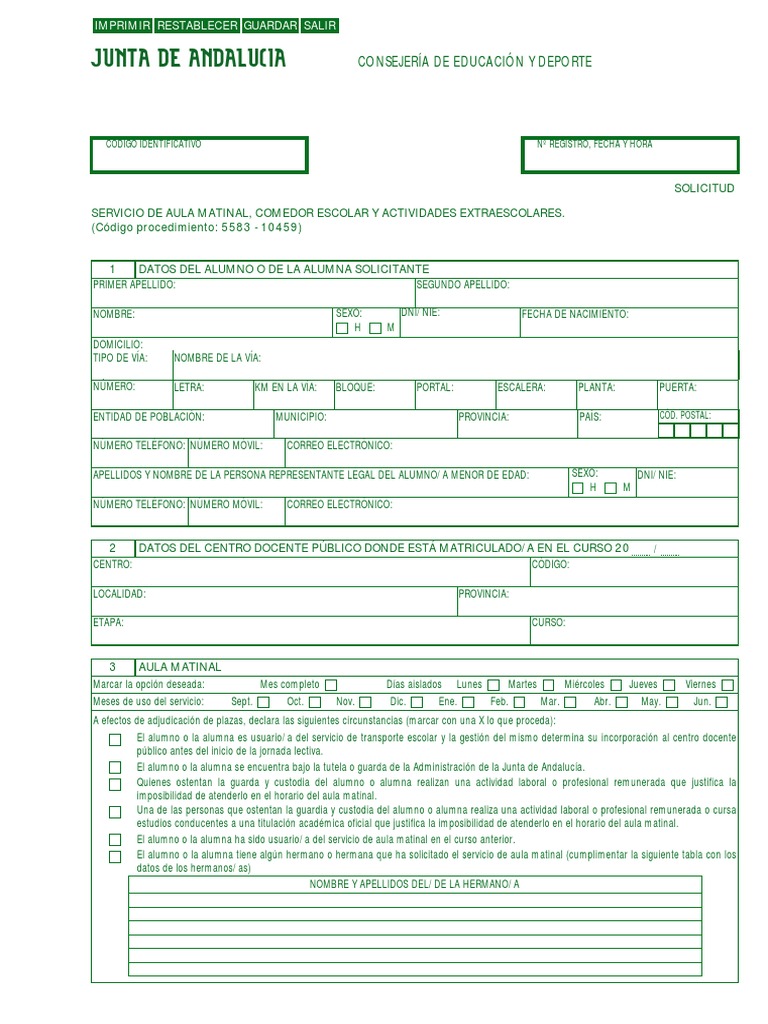 Solicitud Servicios Aula Matinal, Comedor y Act. Extraescolares | PDF | Privacidad de la ...