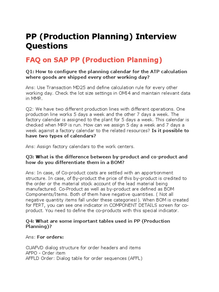 Pp Production Planning Interview Questions Pdf Supply Chain Management Business Process