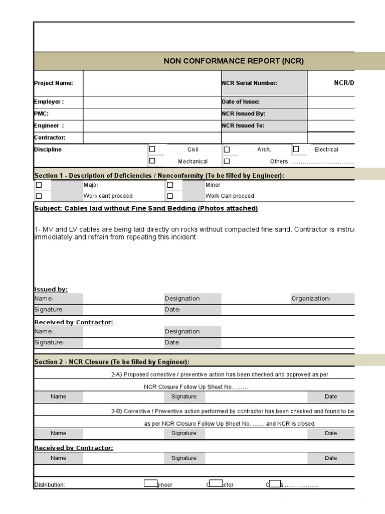 NCR Non Conformance Report Electrical Format Template | PDF | Engineering