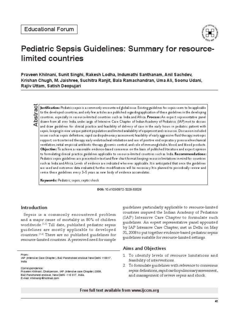 Pediatric Sepsis Guidelines: Summary For Resource-Limited Countries ...