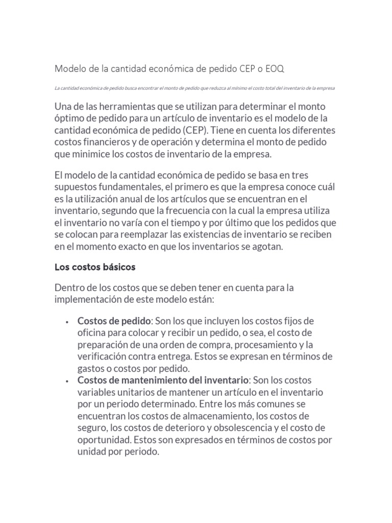 Modelo de La Cantidad Económica de Pedido CEP o EOQ | PDF | Inventario ...