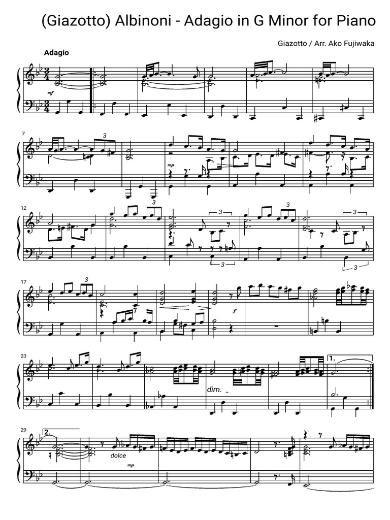 (Giazotto) Albinoni - Adagio in G Minor For Piano | PDF | Classical ...