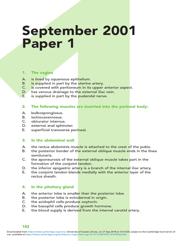 September 2001 Paper 1 MRCOG | PDF | Estrogen | Pelvis