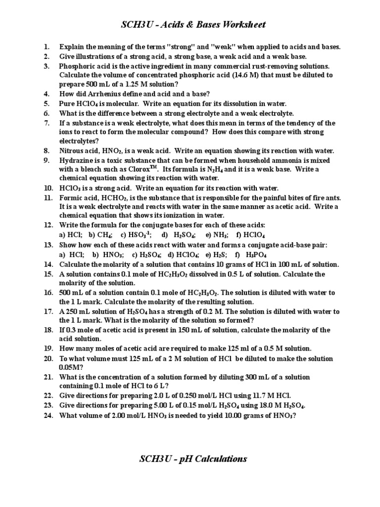 SCH3U - Acids & Bases Worksheet | PDF | Molar Concentration | Acid