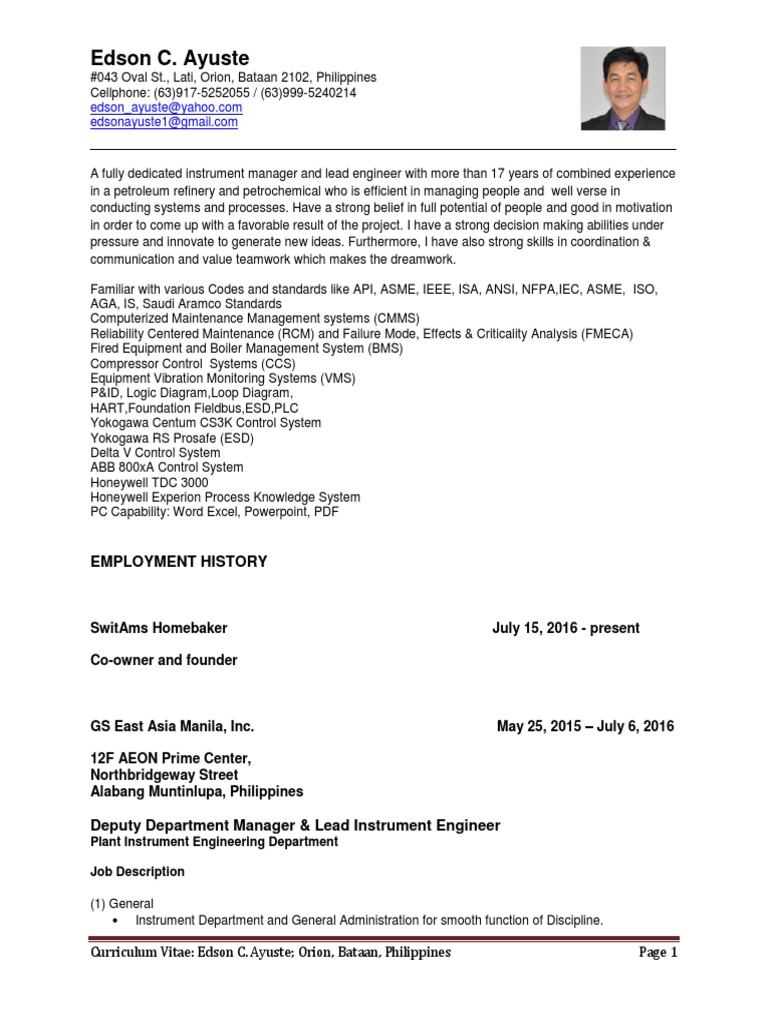 CV - Edson C Ayuste - Senior Instrument Engineer - March2018 | PDF | Specification (Technical ...