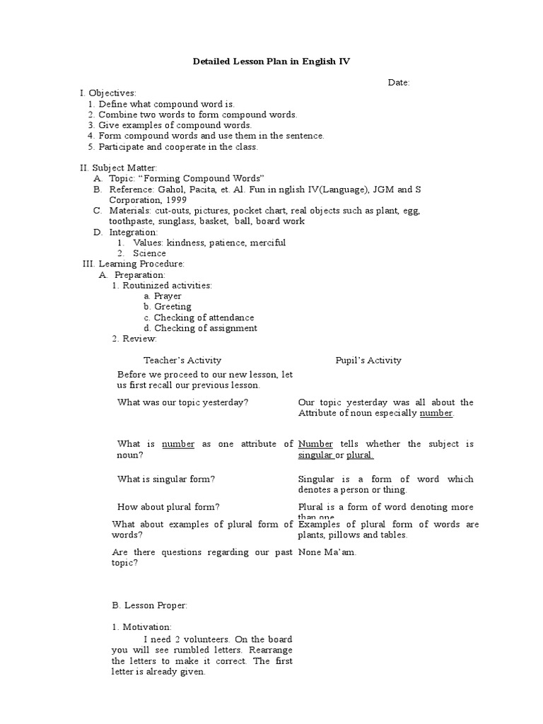 Grade 4 Lesson Plan: Compound Words | PDF | Grammatical Number | Plural