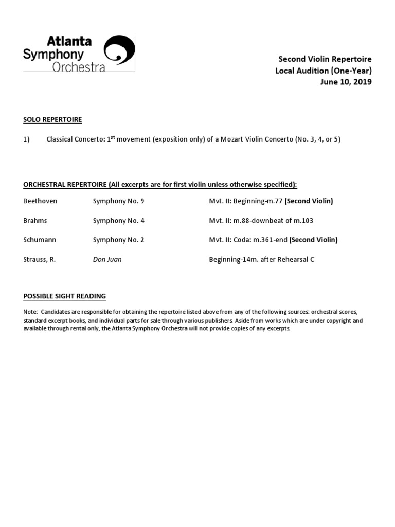 Section Second Violin Local Audition Repertoire 2019 | PDF