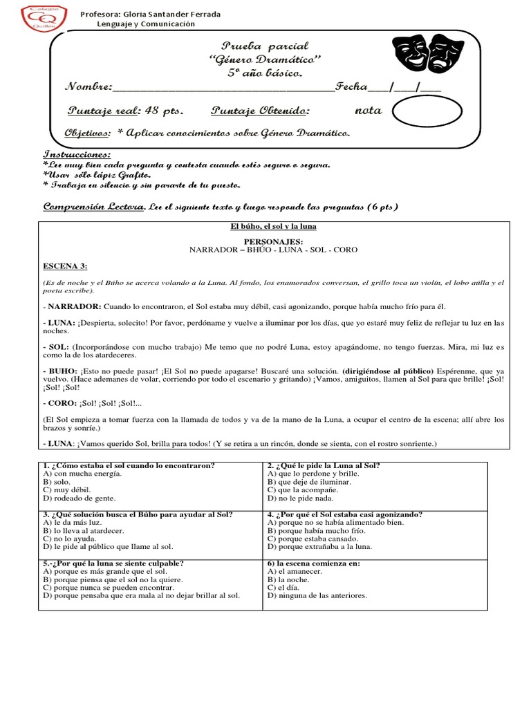 Prueba Genero Dramatico 5° Adaptada | PDF | Dom | Ocio