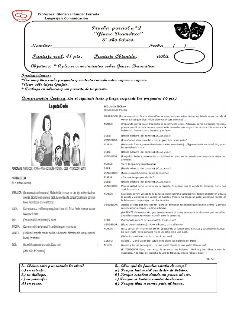 Prueba Genero Dramatico #2 5° AÑO - Adaptada | Teatro | Entretenimiento