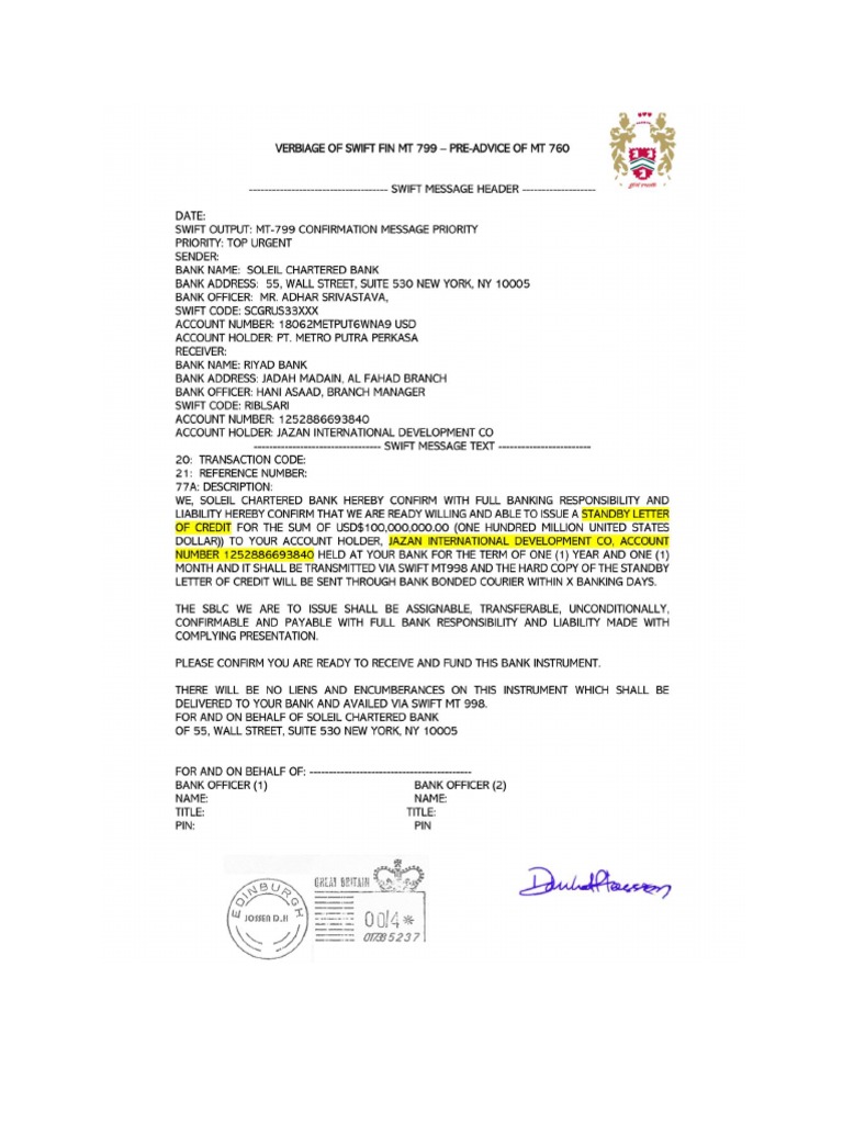 SCB To Riyad Bank Verbiage of Swift MT 998 760 Approved | PDF