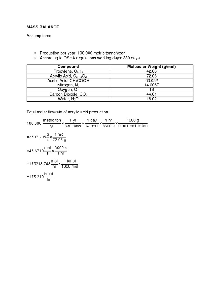 Mass Balance | PDF | Acetic Acid | Mole (Unit)