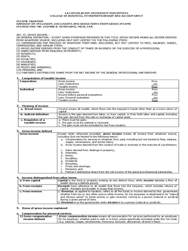 GI Inclusions, Exclusions and Deductions | PDF | Gross Income | Income Tax