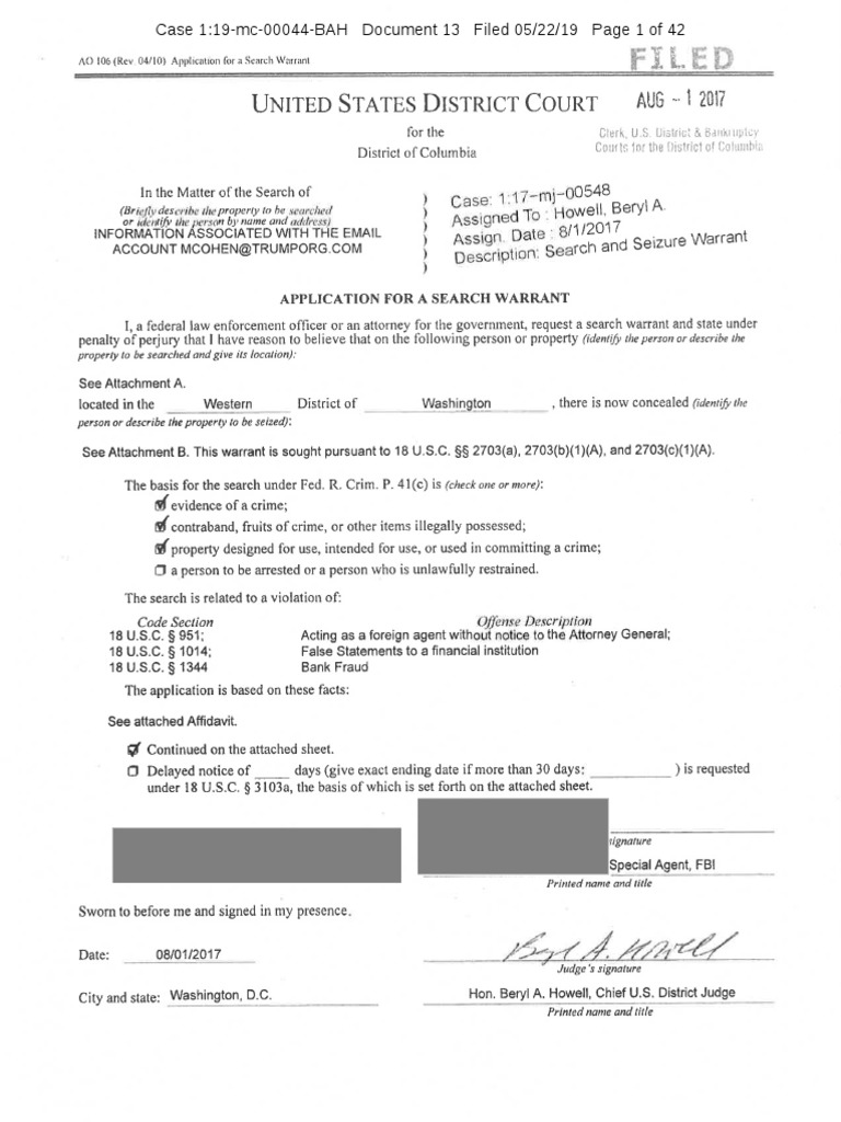 8 1 17 Cohen Search Warrant | PDF | Search And Seizure | Search Warrant