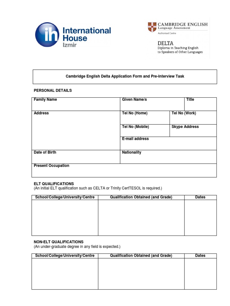 Delta M2 Application Form - Pre Interview Task | Download Free PDF | Lesson Plan | Verb
