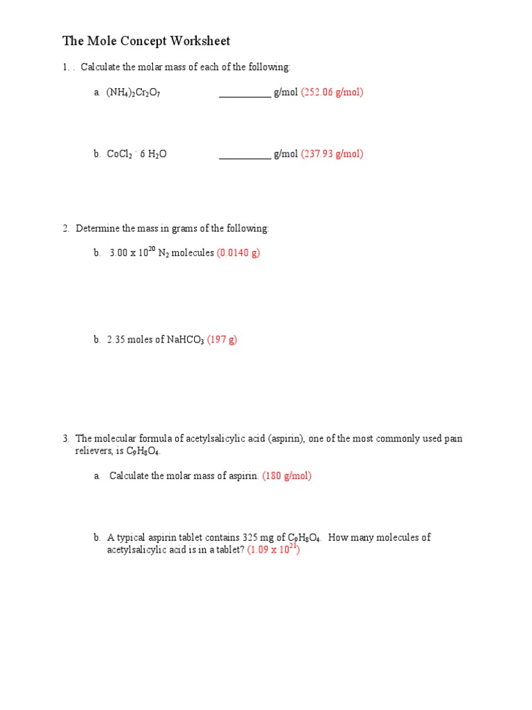 The Mole Concept Worksheet: (252.06 G/mol) | PDF