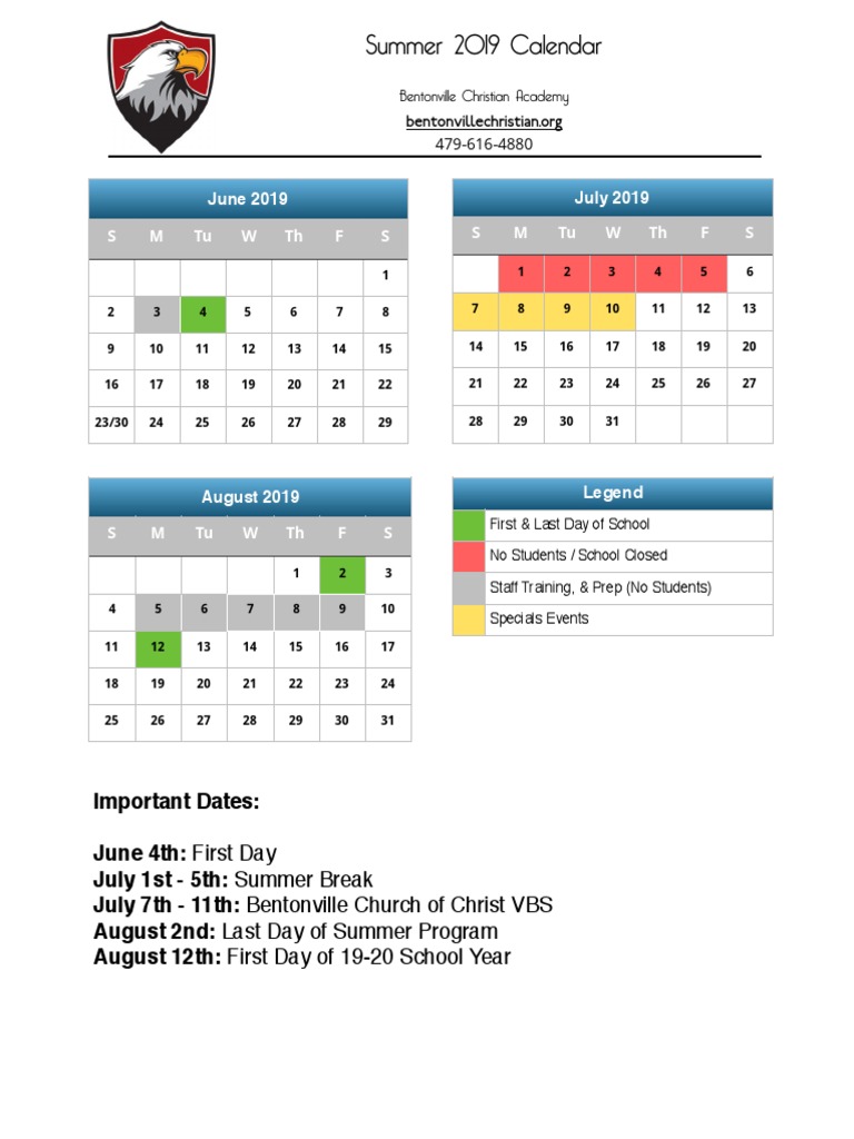 Summer 2019 Calendar for BCA | PDF