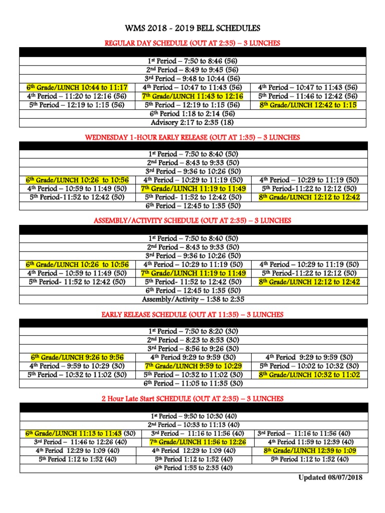 Wms 2018 - 2019 Bell Schedules: ST ND RD TH TH TH TH TH TH TH TH TH TH ...