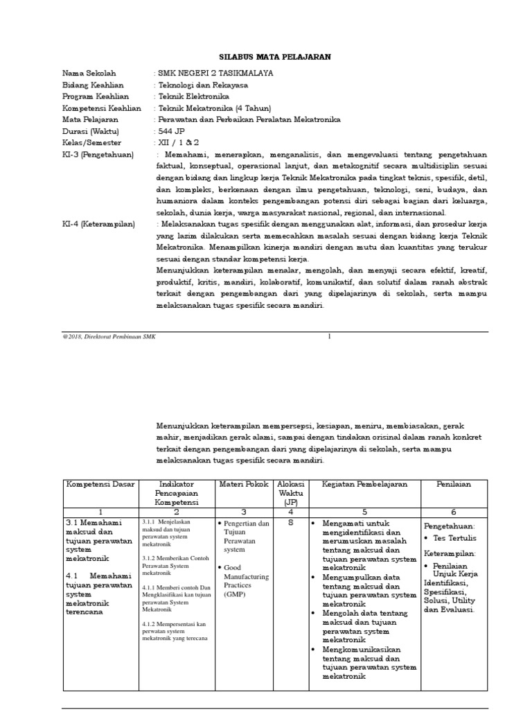 Silabus Perawatan & Perbaikan Peralatan Mekatronika | PDF | Komputer