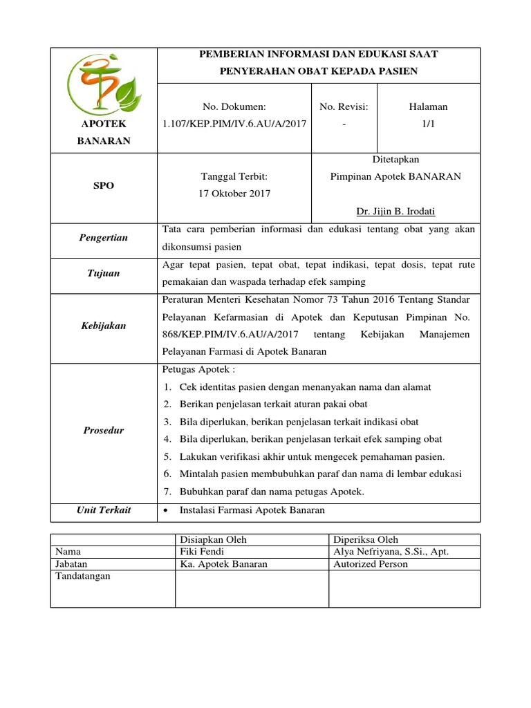 Contoh SPO PEMBERIAN INFORMASI DAN EDUKASI SAAT PENYERAHAN OBAT KEPADA ...