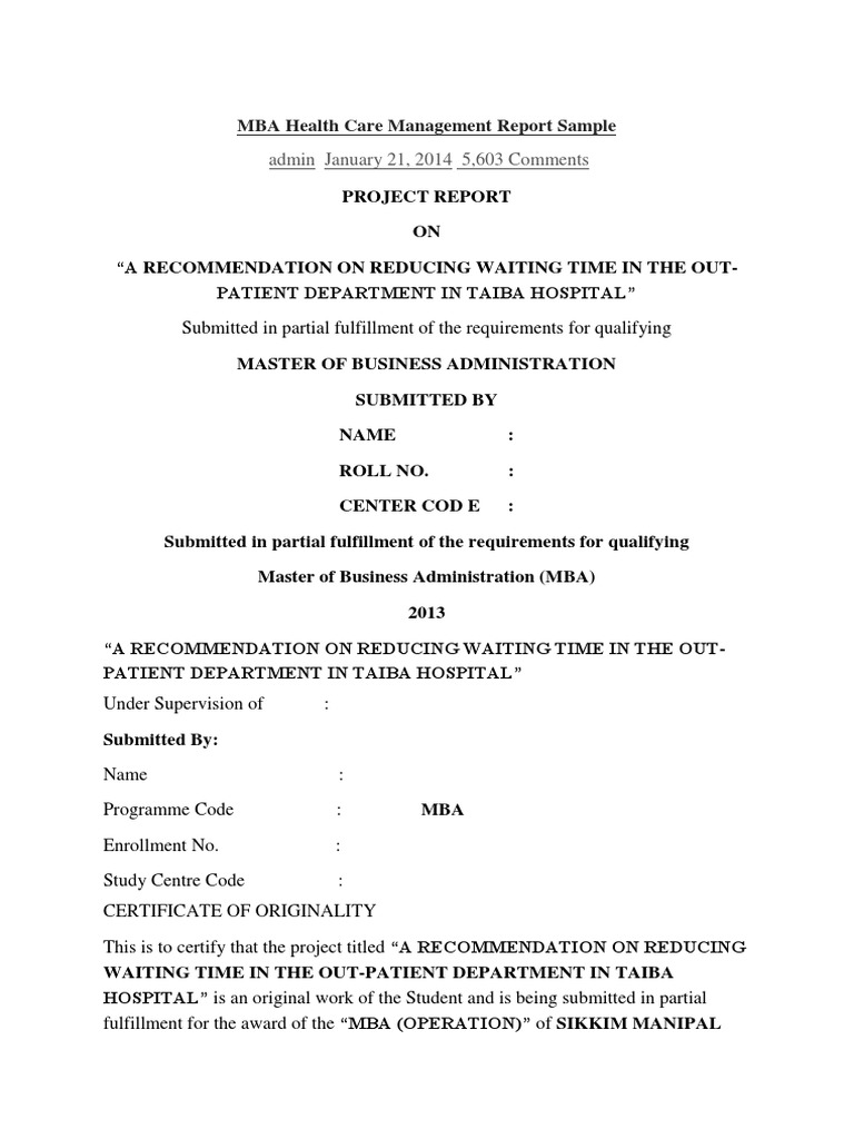 MBA Health Care Management Report Sample | PDF | Joint Commission | Patient