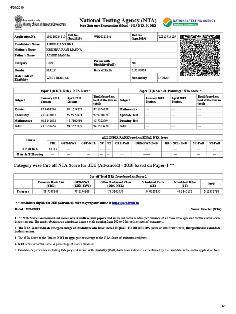 Jee Main Result PDF | PDF | Educational Assessment And Evaluation | Qualifications