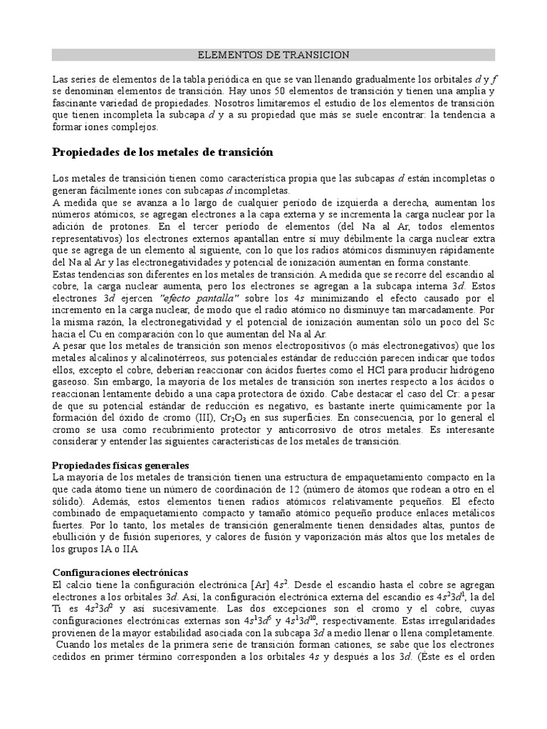 Elementos de Transicion | PDF | Complejo de Coordinación | Metales de ...