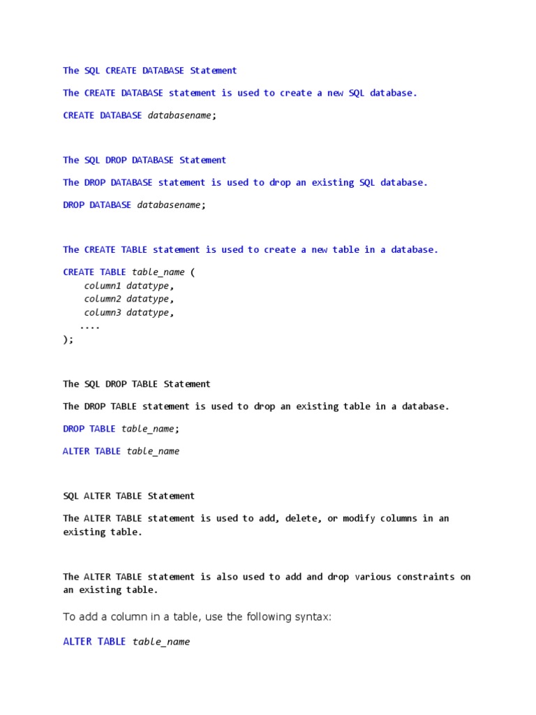 Column1 Datatype, Column2 Datatype, Column3 Datatype,: Alter | PDF | Relational Database | Table ...